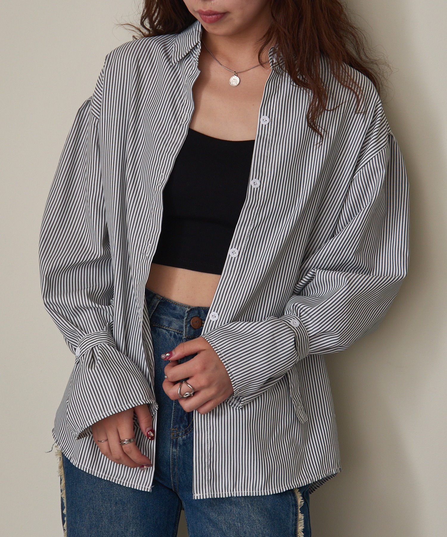 【SETUP7】フリルスリーブ ストライプ ブラウス キャンディースリーブ 長袖 シャツ KNF090(506858432) | SETUP7(SETUP7) - MAGASEEK